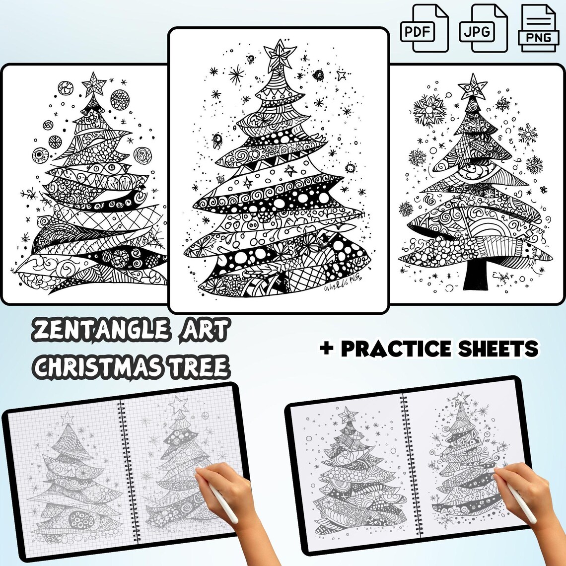 Christmas Tree Zentangle Coloring Pages, Doodling Art (digital Download ...