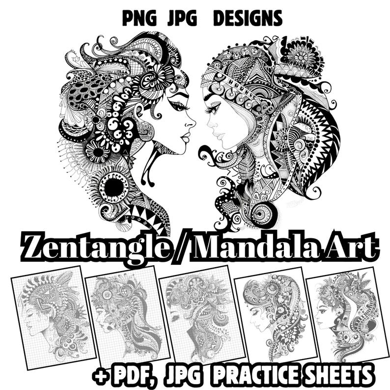 Digital Zentangle Faces & Hair Bundle – Black and White Worksheets for ...