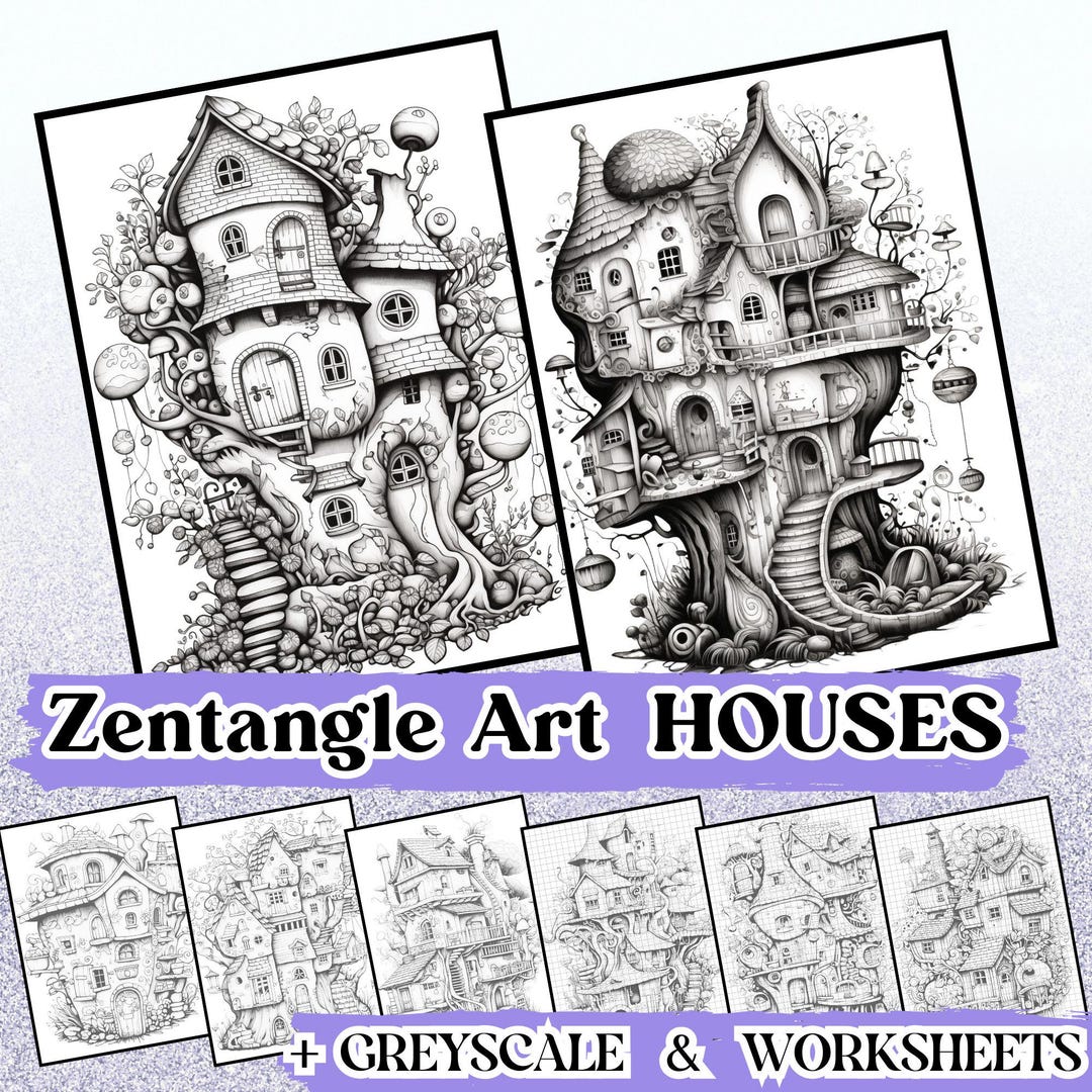 Zentangle House Coloring Pages - Printable Doodle Art Kit (PDF & JPG ...