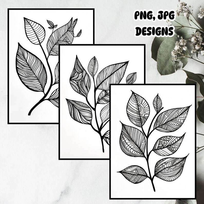 Zentangle Leaves Patterns, Large Leaves, Nature Prints, Ornaments Set ...