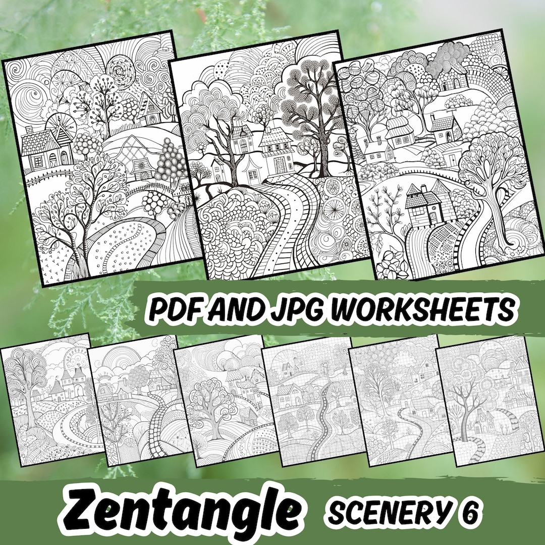 Zentangle Scenery Worksheet, Scenic Designs, Anti Stress Coloring ...