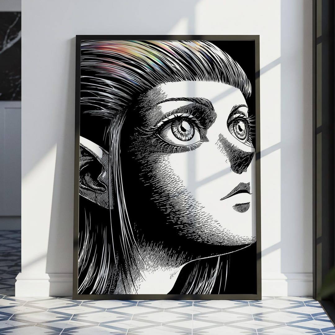 GOTHIC ANIME Black and White Manga Style Portrait Print - Detailed ...