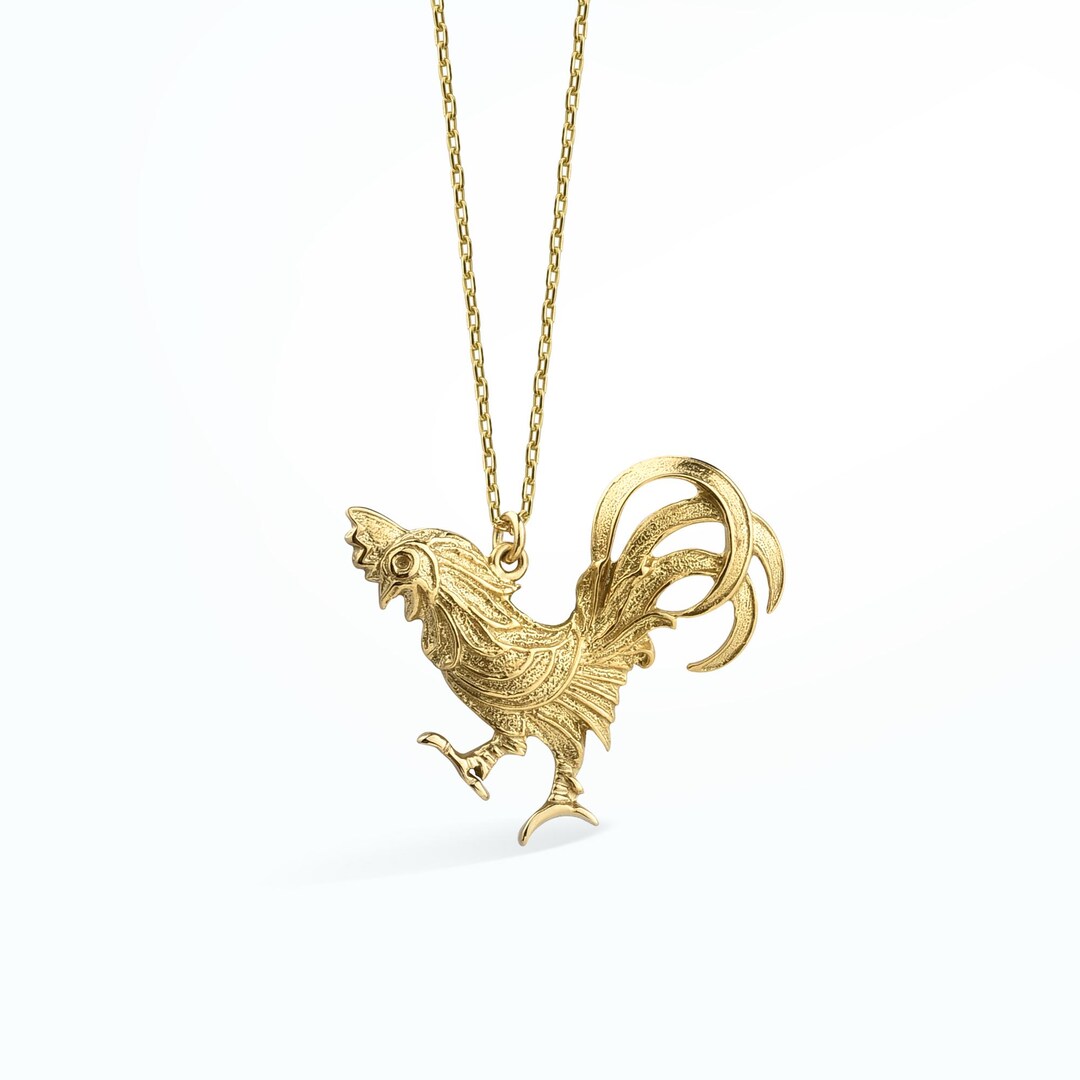 14k Solid Gold Rooster Necklace, Cockerel Pendant, Farm Animal Jewelry ...