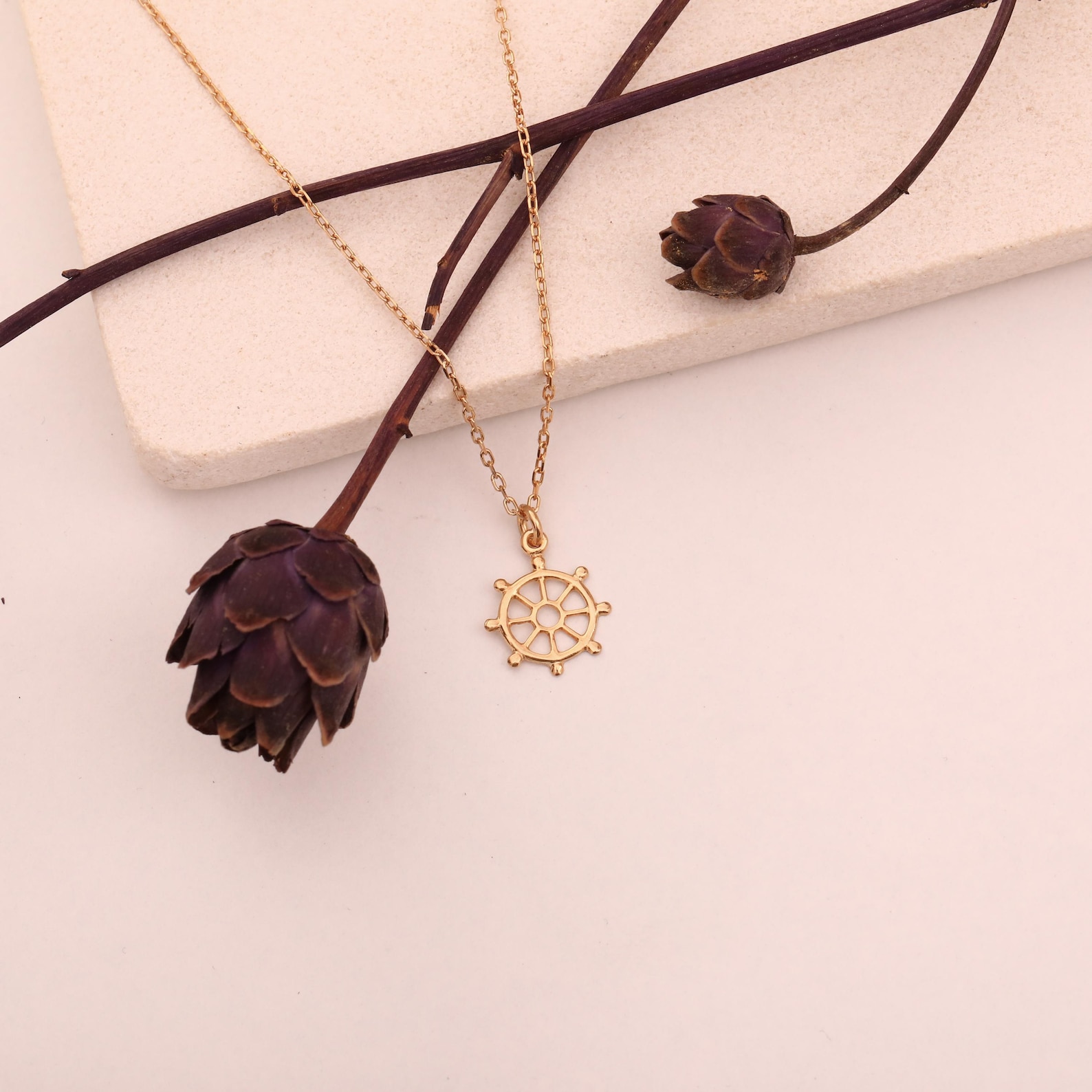 Gold Ship Wheel Necklace, 14K Gold Plated Nautical Pendant, Minimal ...