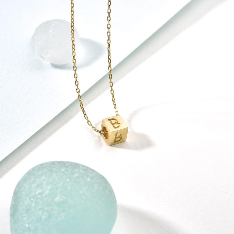 14K Solid Gold Initial Cube Necklace: Personalized Letter Bead Pendant ...