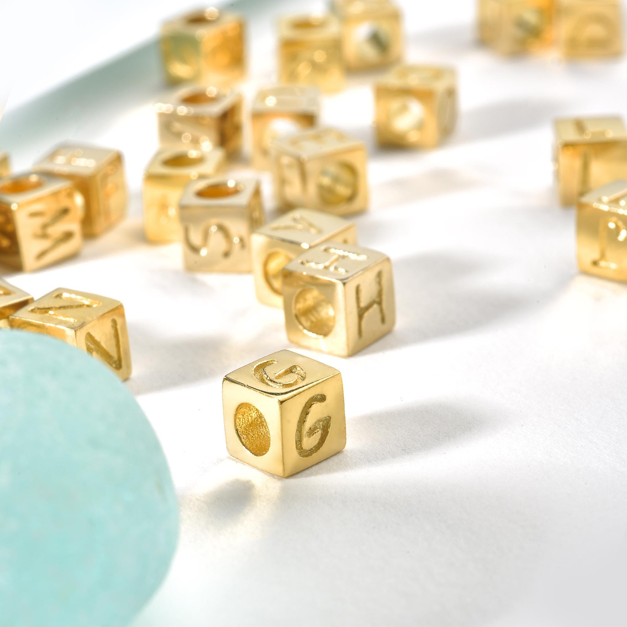 14K Solid Gold Initial Cube Necklace: Personalized Letter Bead Pendant ...