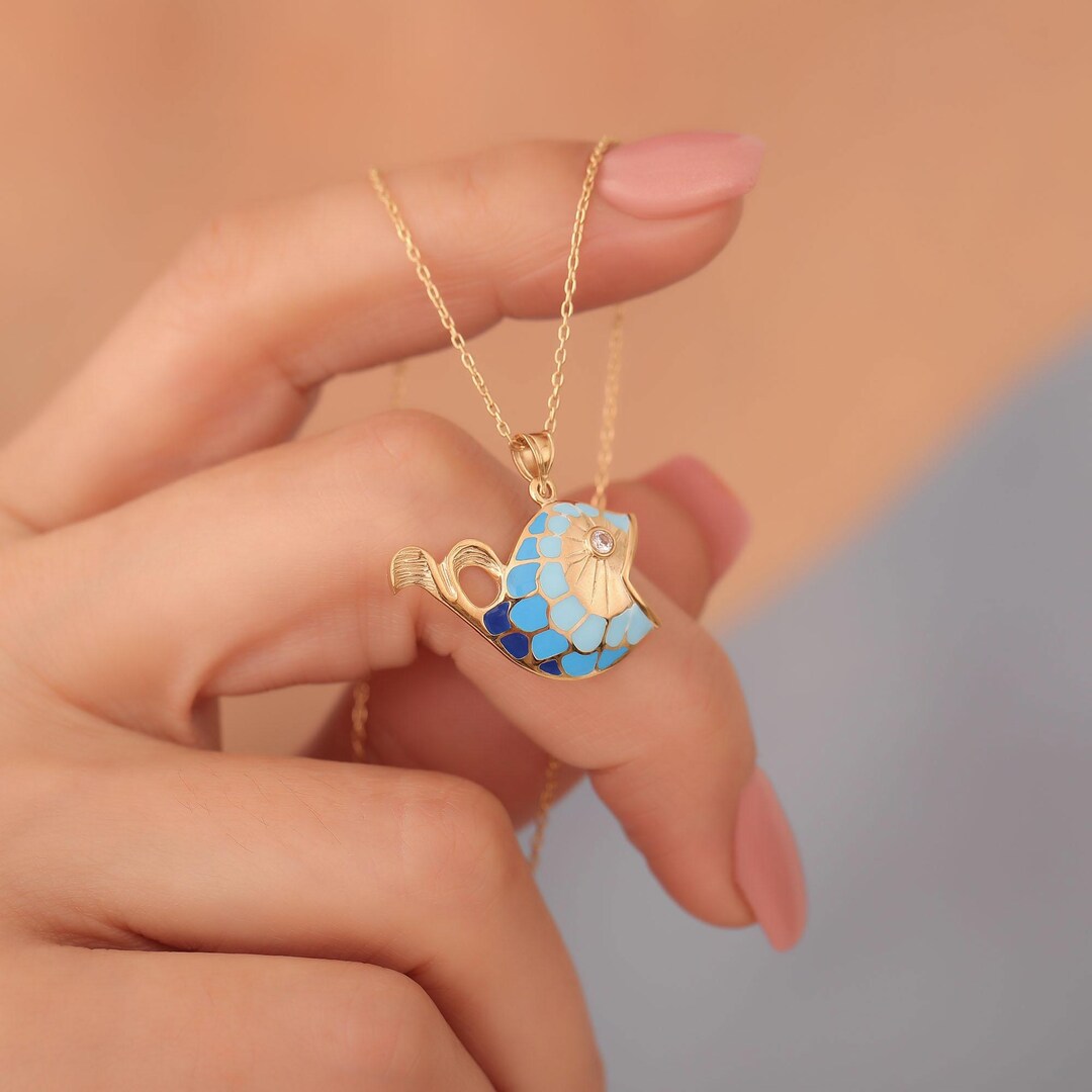 Blue Fish Necklace Gold, Solid Gold Fish Pendant, Blue Fish Charm ...