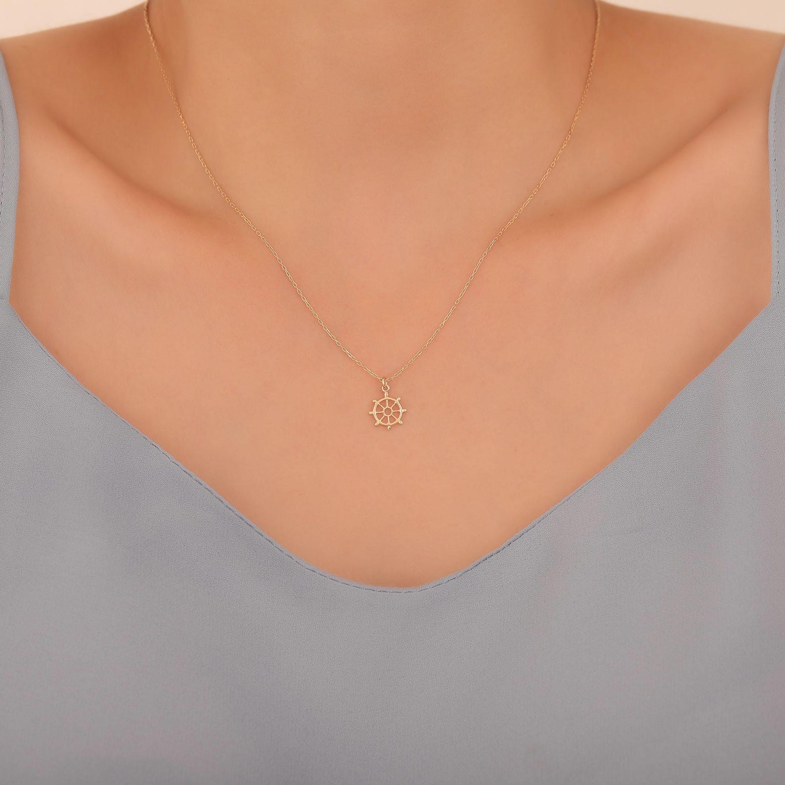 Gold Ship Wheel Necklace, 14K Gold Plated Nautical Pendant, Minimal ...