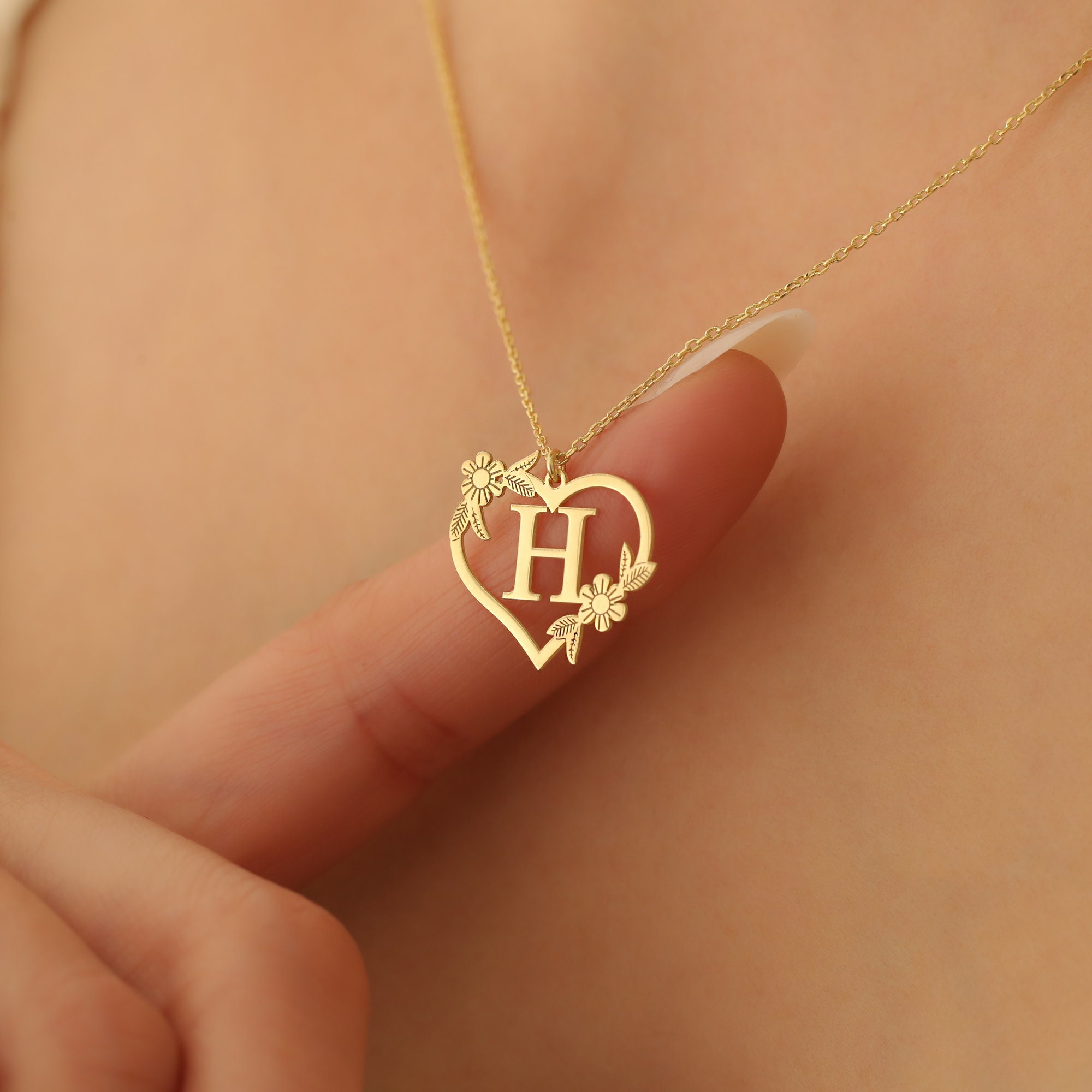 Personalized Gold Flower Heart Initial Necklace: Custom Alphabet ...