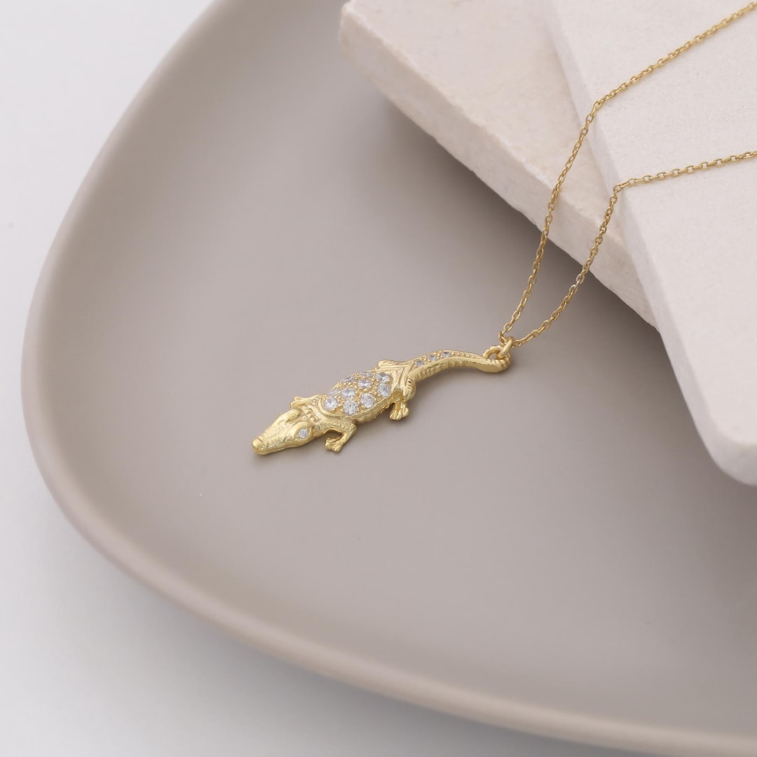 14K Gold Alligator Necklace, Animal Pendant, Crocodile Necklace, Gift ...