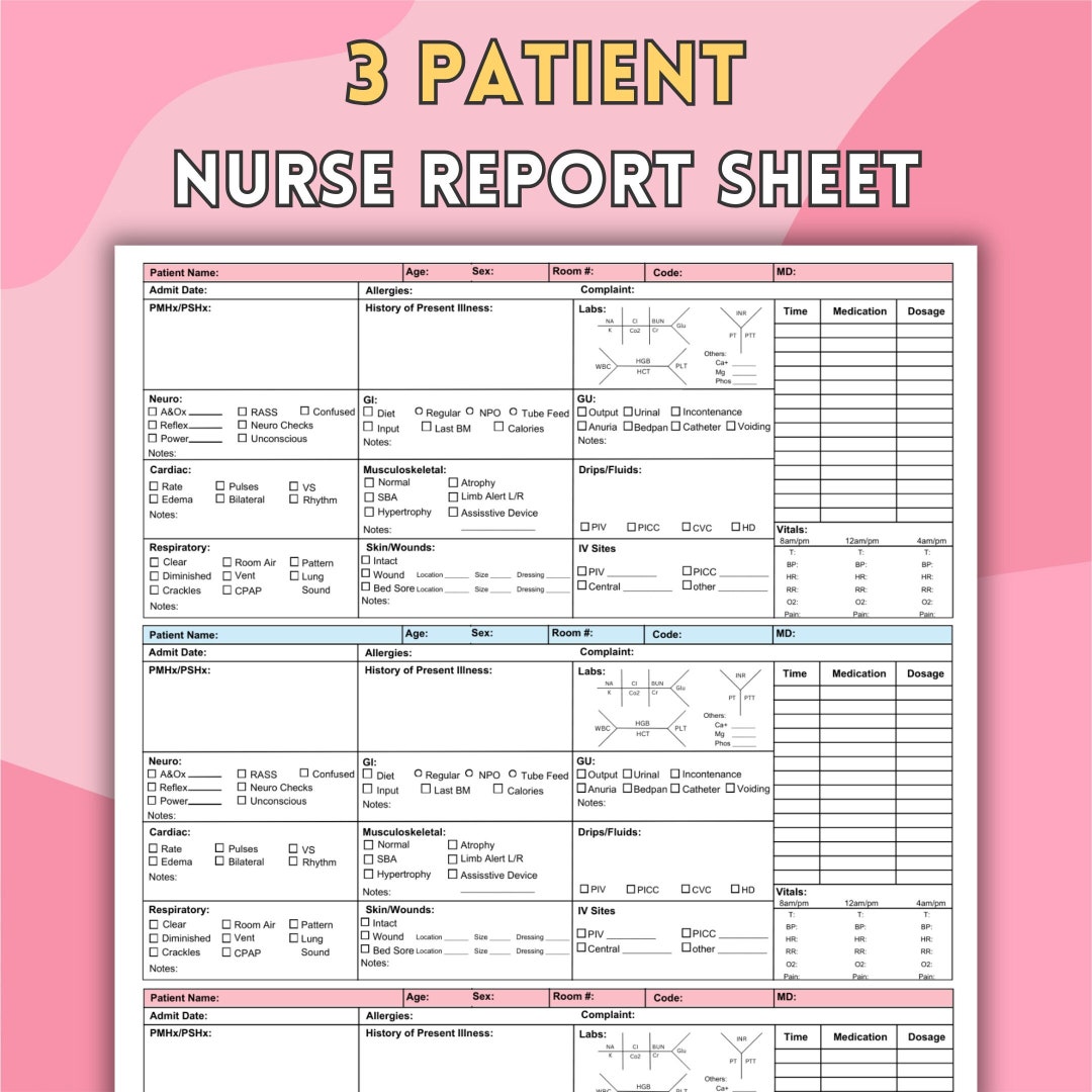 3 Patient Med Surg ICU Nursing Report Sheet, Nursing Brain Report Sheet ...