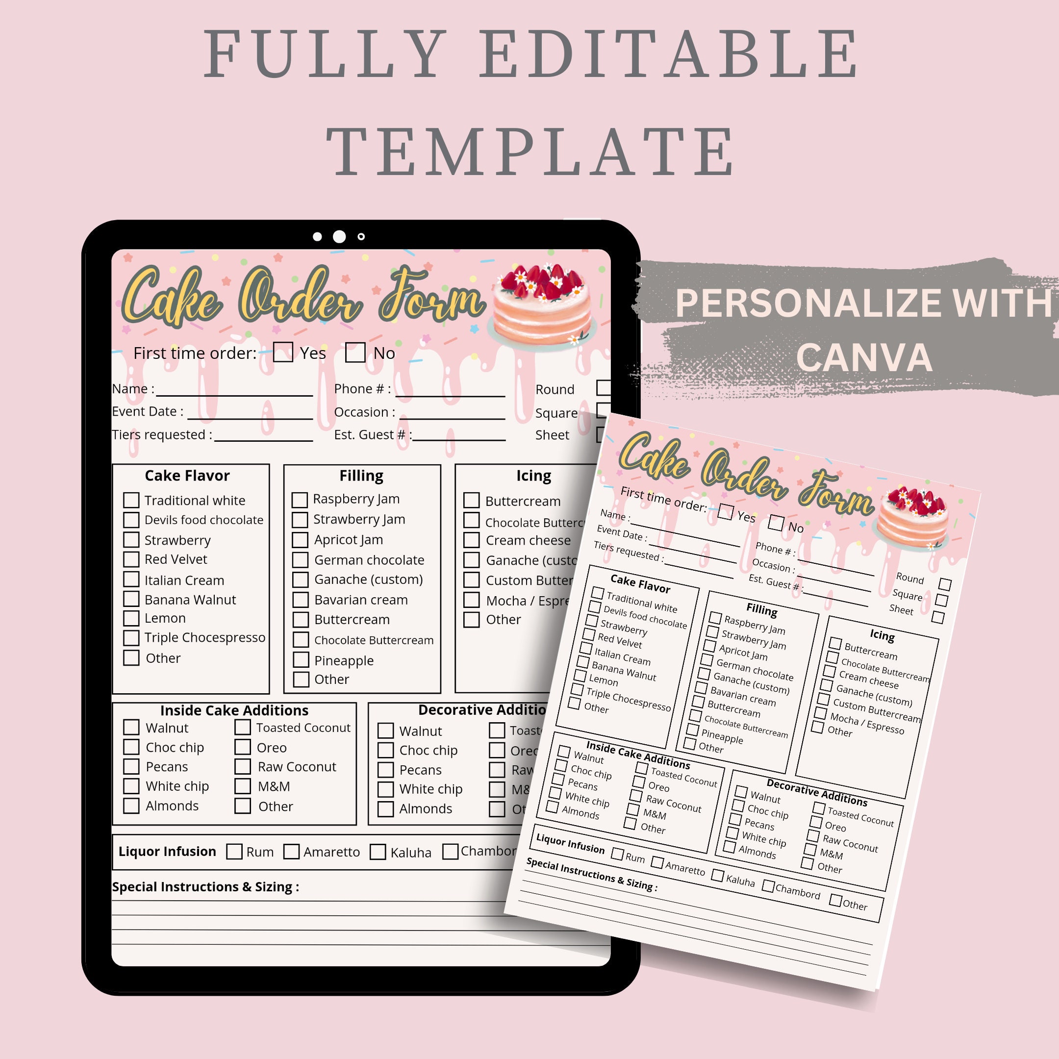 Cake Order Form Template Editable, Printable Bakery Order Form, Custom ...