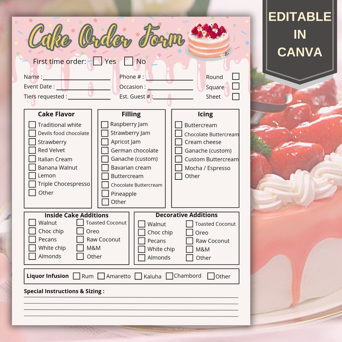 Cake Order Form Template Editable, Printable Bakery Order Form, Custom ...