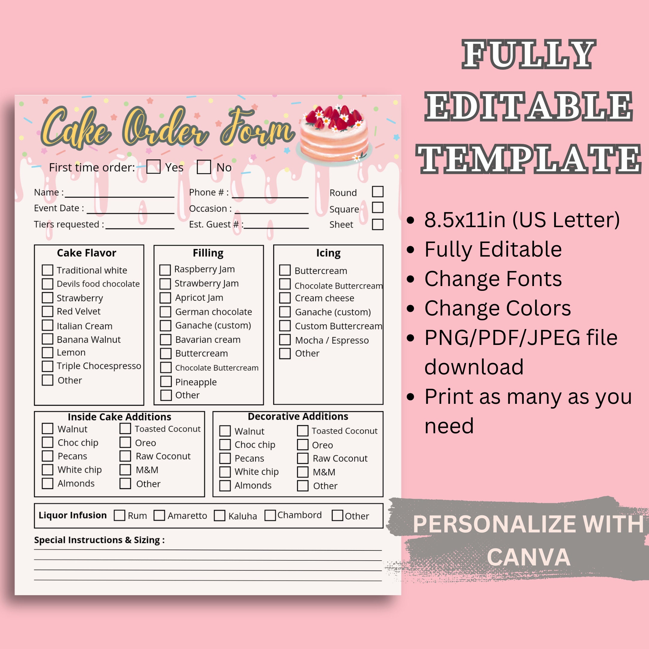 Cake Order Form Template Editable, Printable Bakery Order Form, Custom ...
