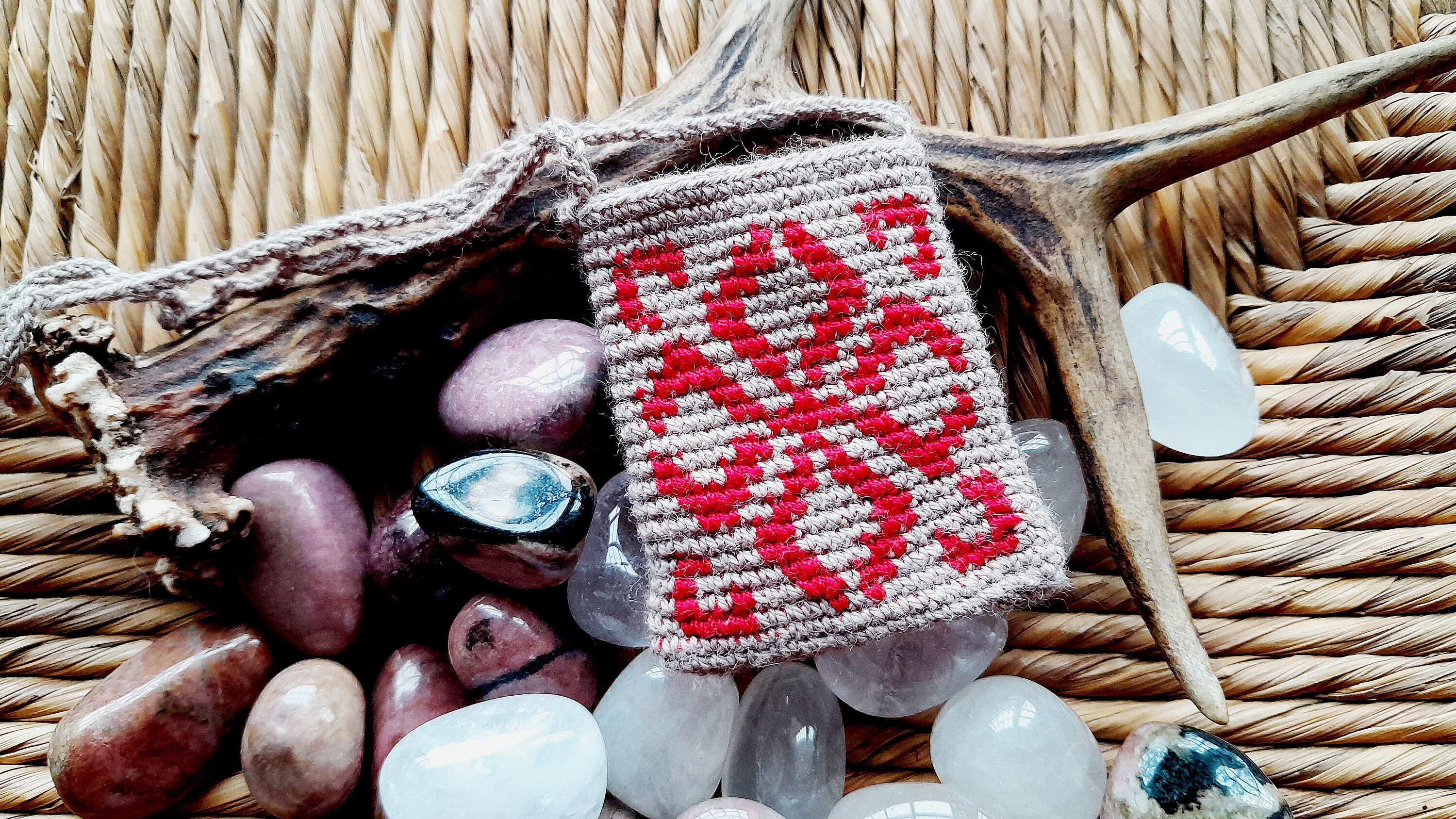 Crystal Pouch Necklace, Rhodonite and Clear Quartz Set With Keepsake ...