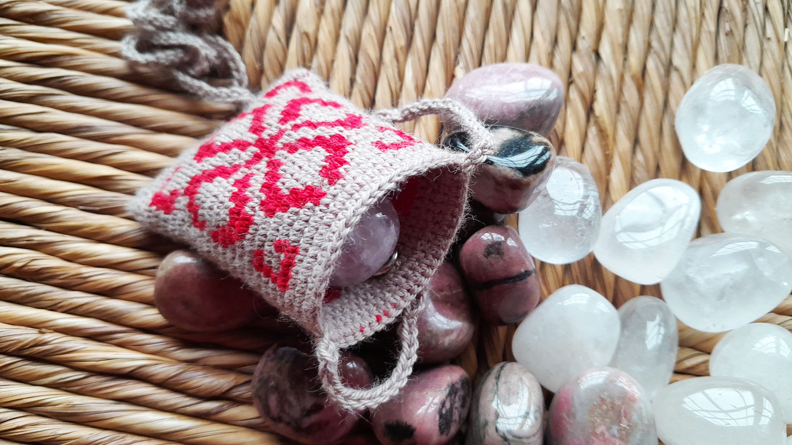 Crystal Pouch Necklace, Rhodonite and Clear Quartz Set With Keepsake ...