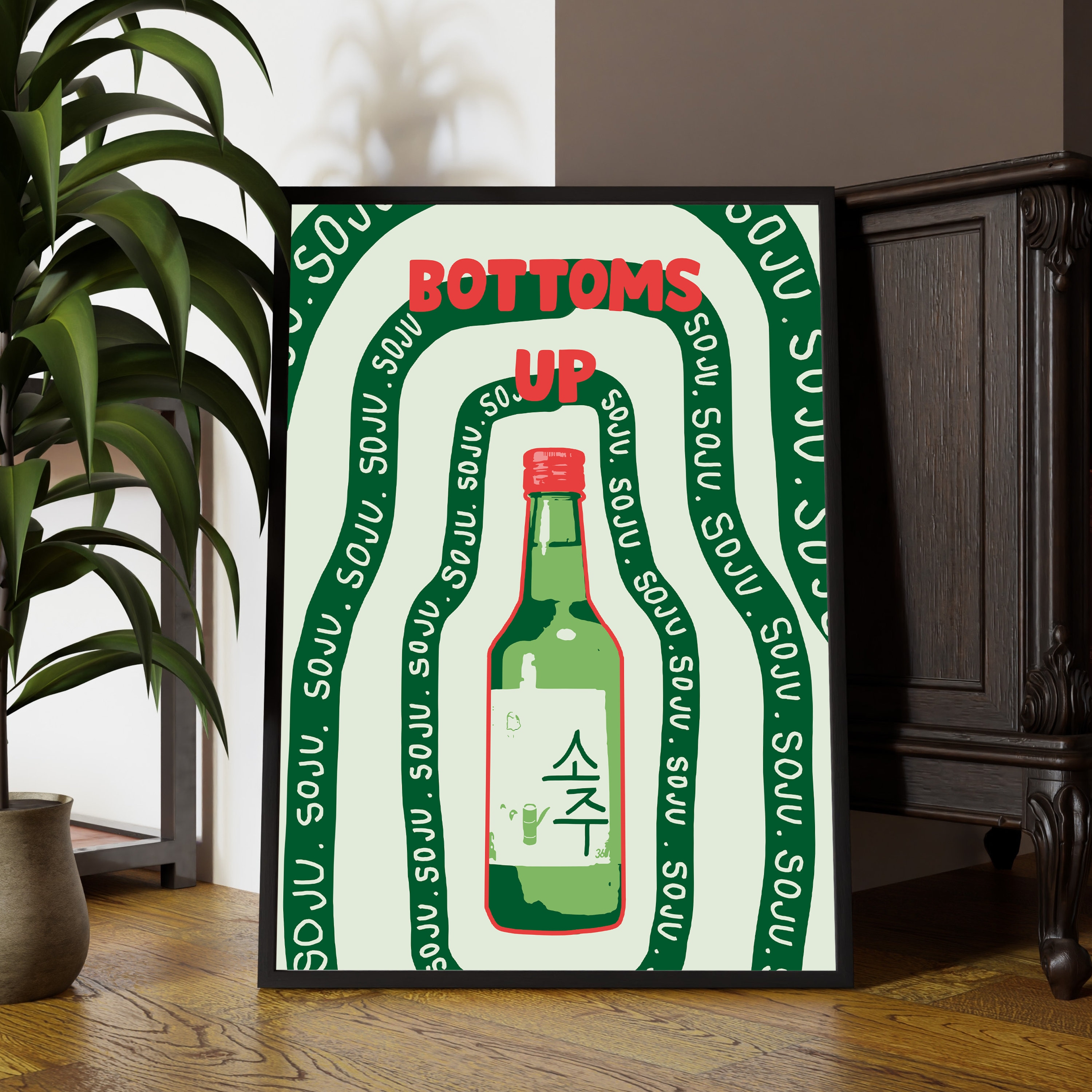 Modern Korean Soju Poster Korean Alcohol Print Green Printable Wall Art ...
