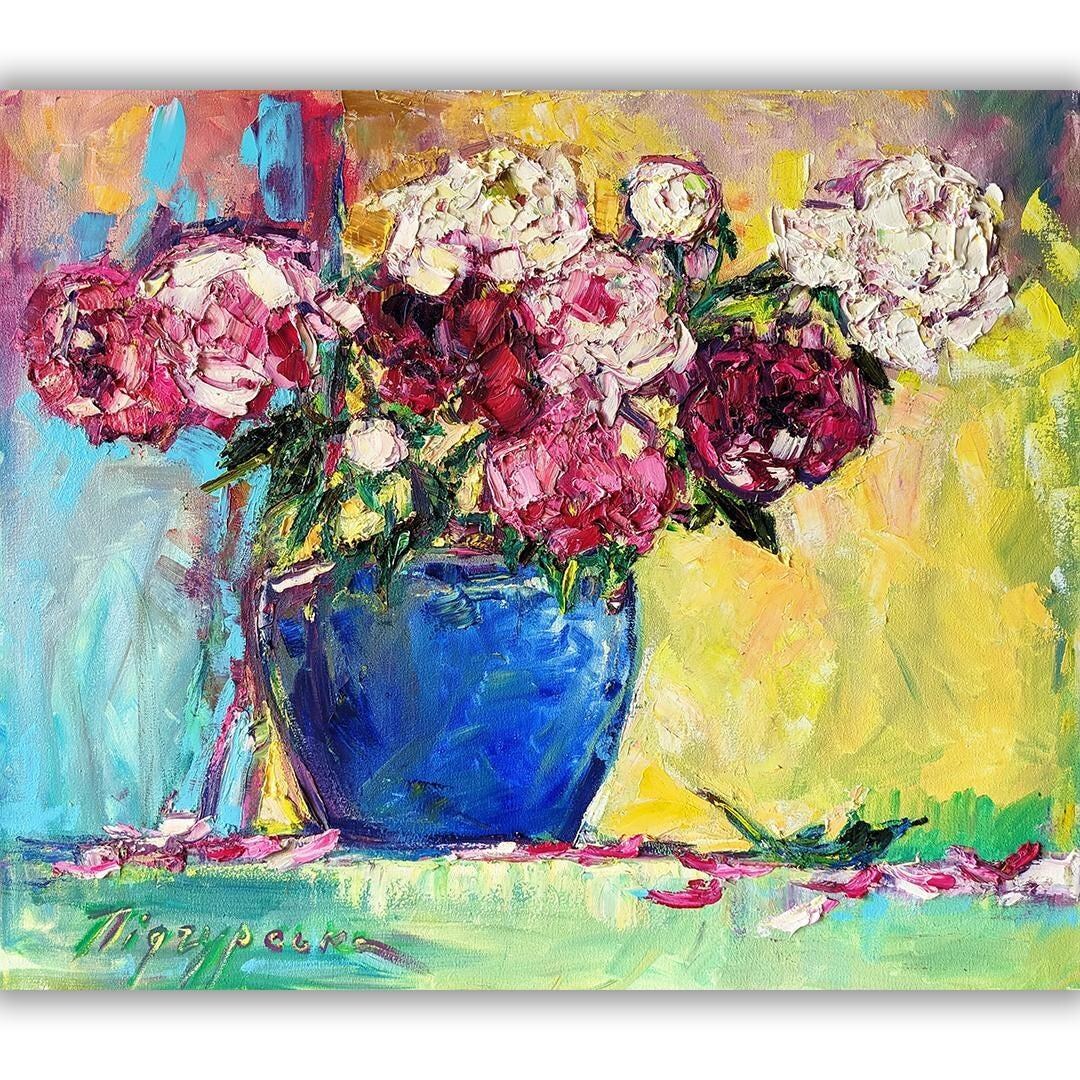Peony Oil Painting, Textured Floral Art, Original Impasto Wall Art ...