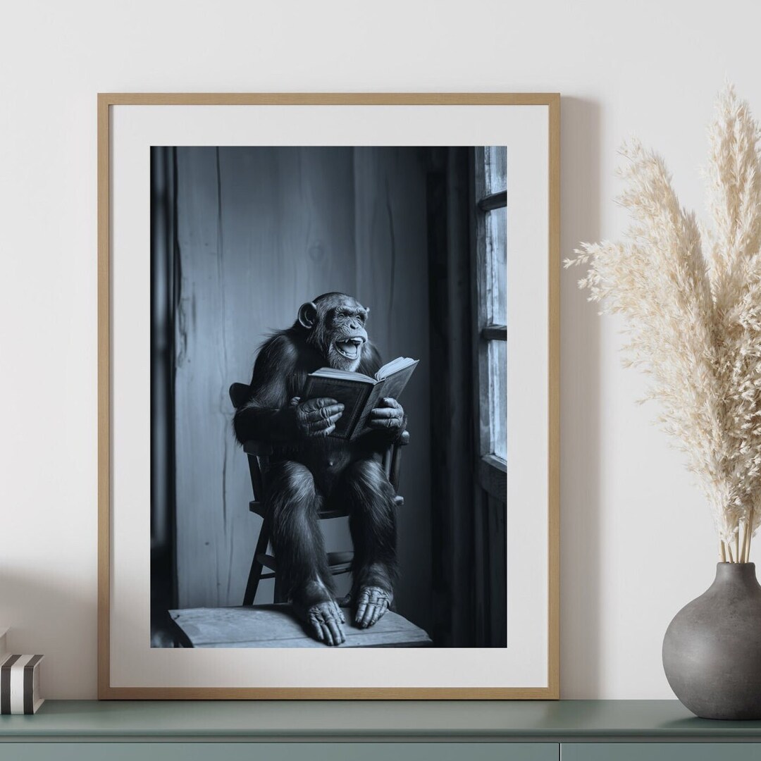 Monkey,cute Chimpanzee,read a Book, Laughing Smile,surreal Art, Ape ...
