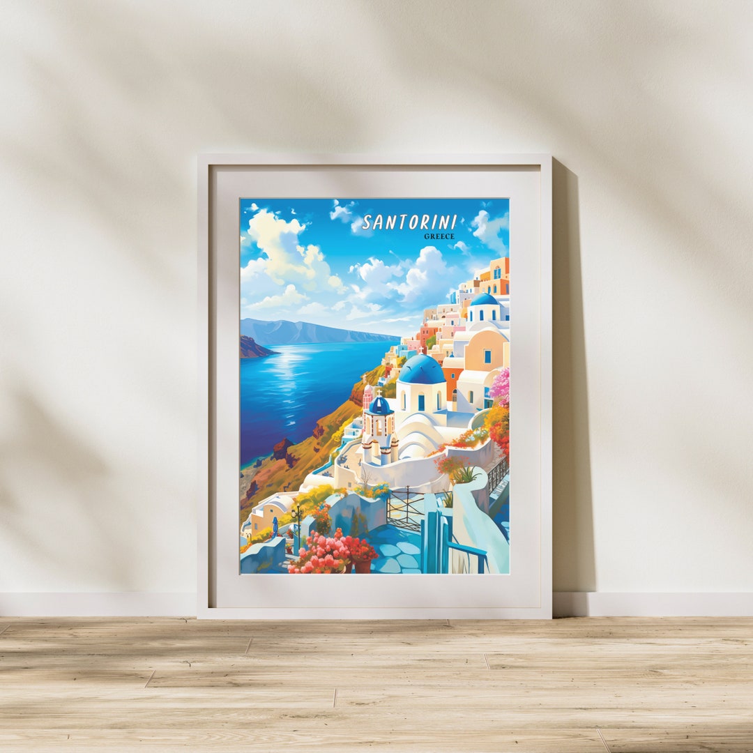 Santorini Greece Art Print, Colorful Mediterranean Landscape (digital ...