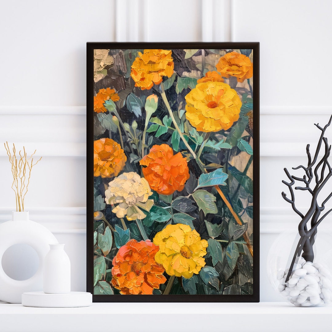 Marigold,flower Painting, Wall Art, Flower Art, Vintage Wall Art ...