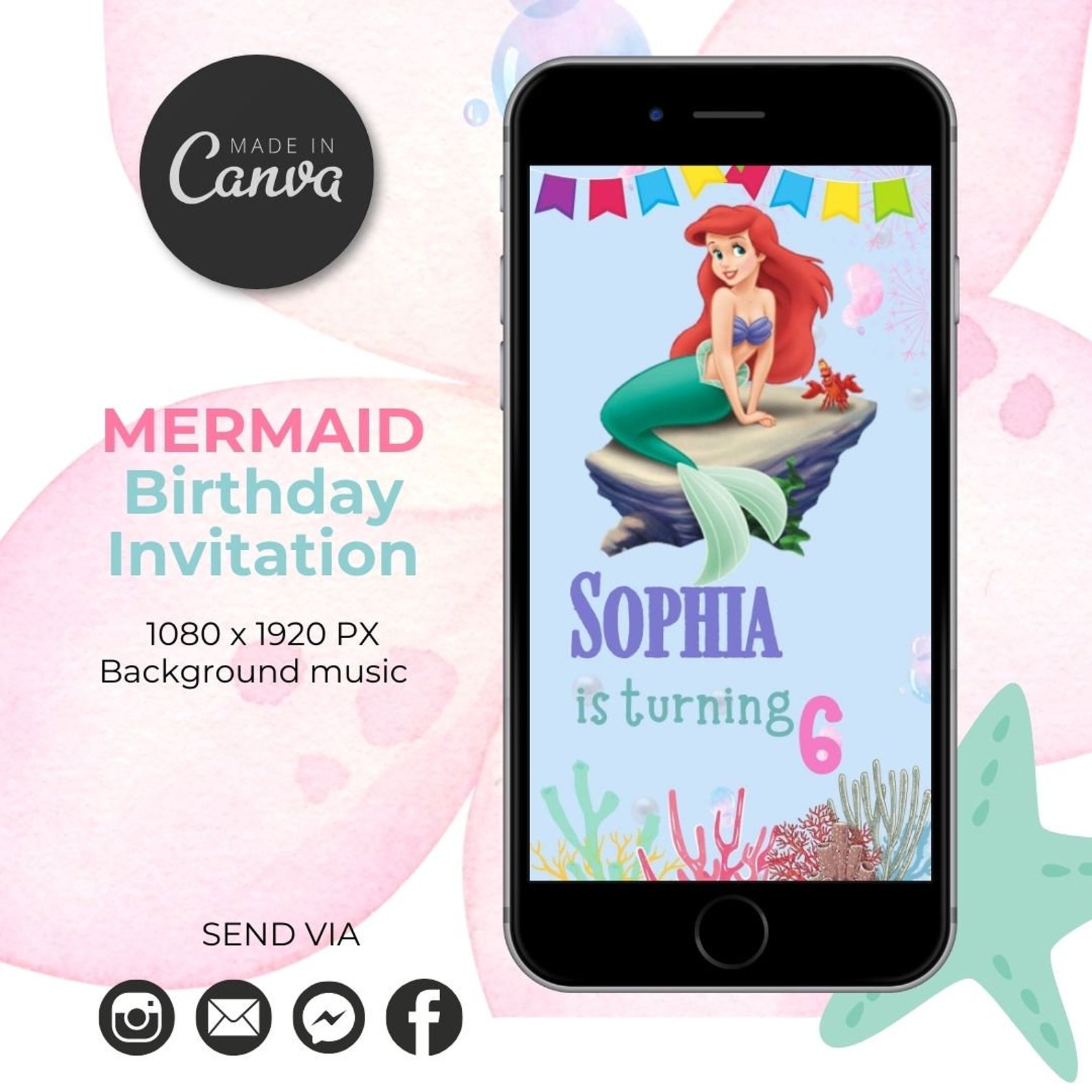 Invitación de la Sirenita, Invitación digital de cumpleaños de la ...