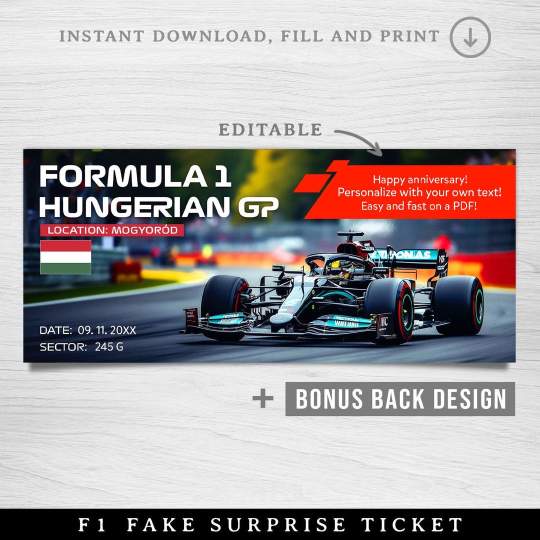 Printable Formula 1 Ticket, Hungarian GP Faux Ticket, Editable F1 Race ...