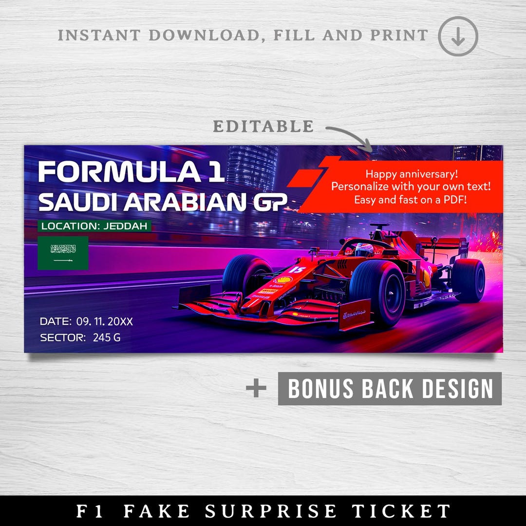 Printable Formula 1 Ticket, Saudi Arabian GP Faux Ticket, Editable F1 ...