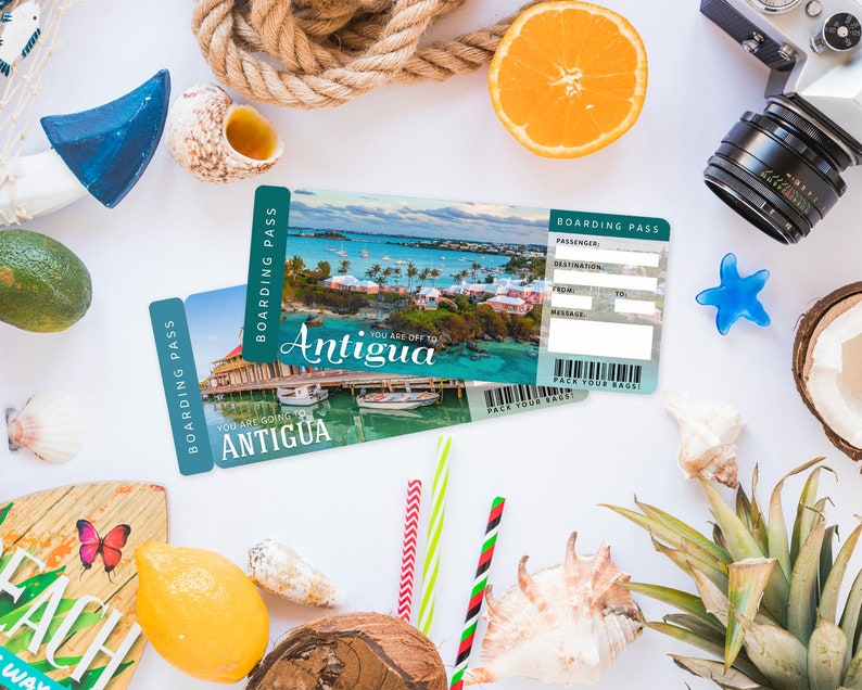 Boleto de regalo de viaje sorpresa ANTIGUA digital, tarjeta de embarque ...