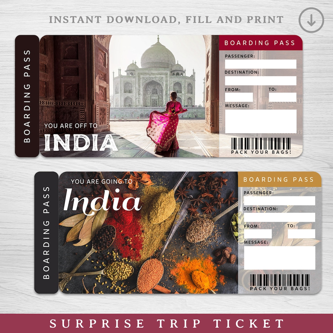 Printable INDIA Surprise Trip Gift Ticket, Printable Boarding Pass ...