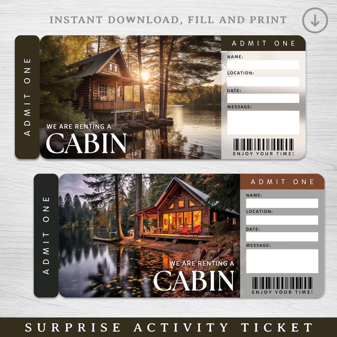 Digital CABIN RENTAL Surprise Ticket, Cabin Rental Gift, Cabin Rental ...