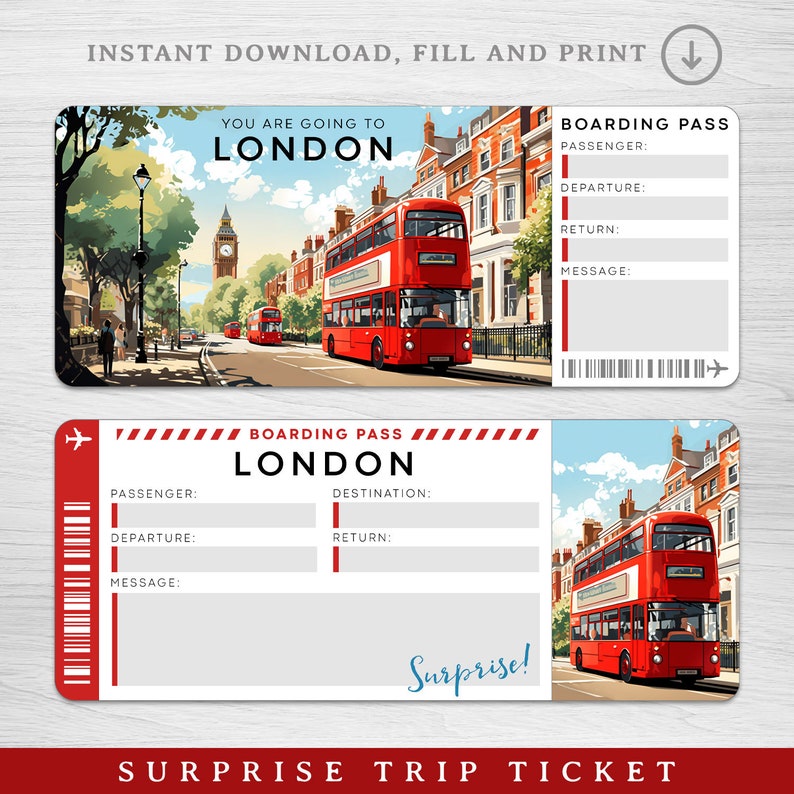 Digital LONDON Surprise Trip Gift Ticket, LONDON Printable Boarding ...