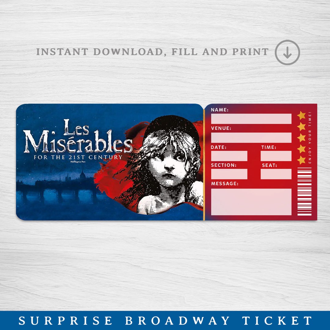Printable Les Miserables Broadway Surprise Ticket︱musical Theatre ...