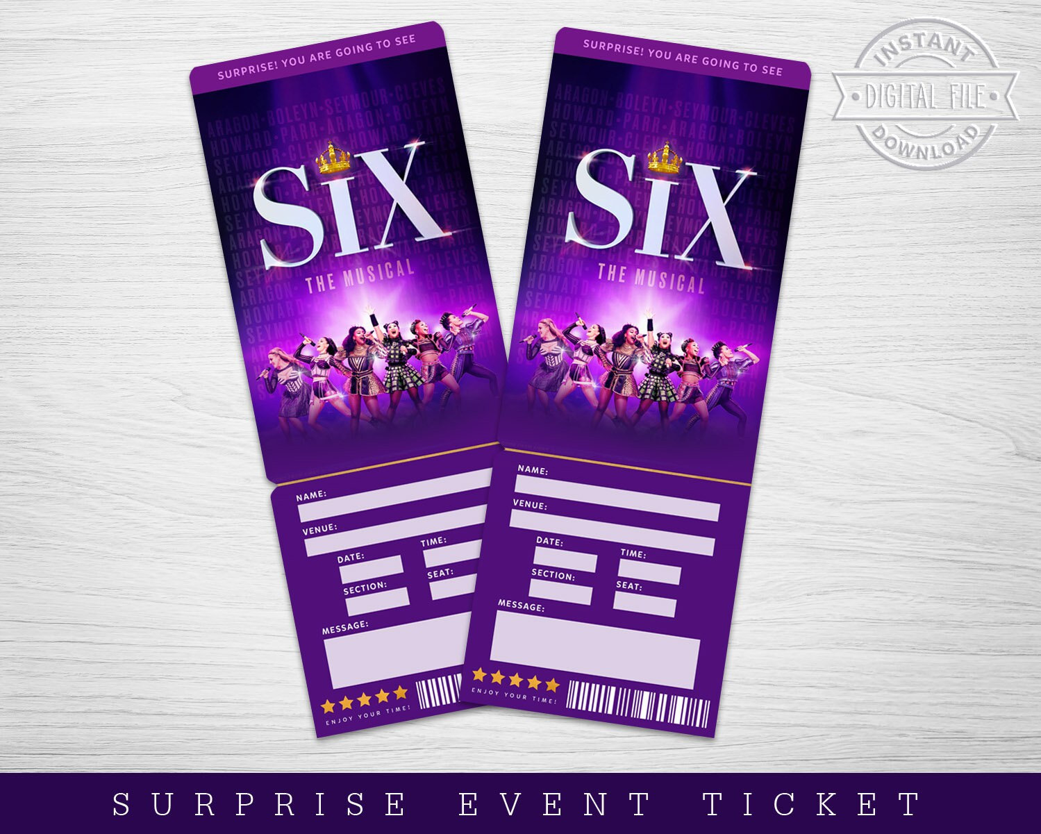 Printable Six Broadway Surprise Ticket, Six Musical Collectible Theater Ticket, Six Editable ...