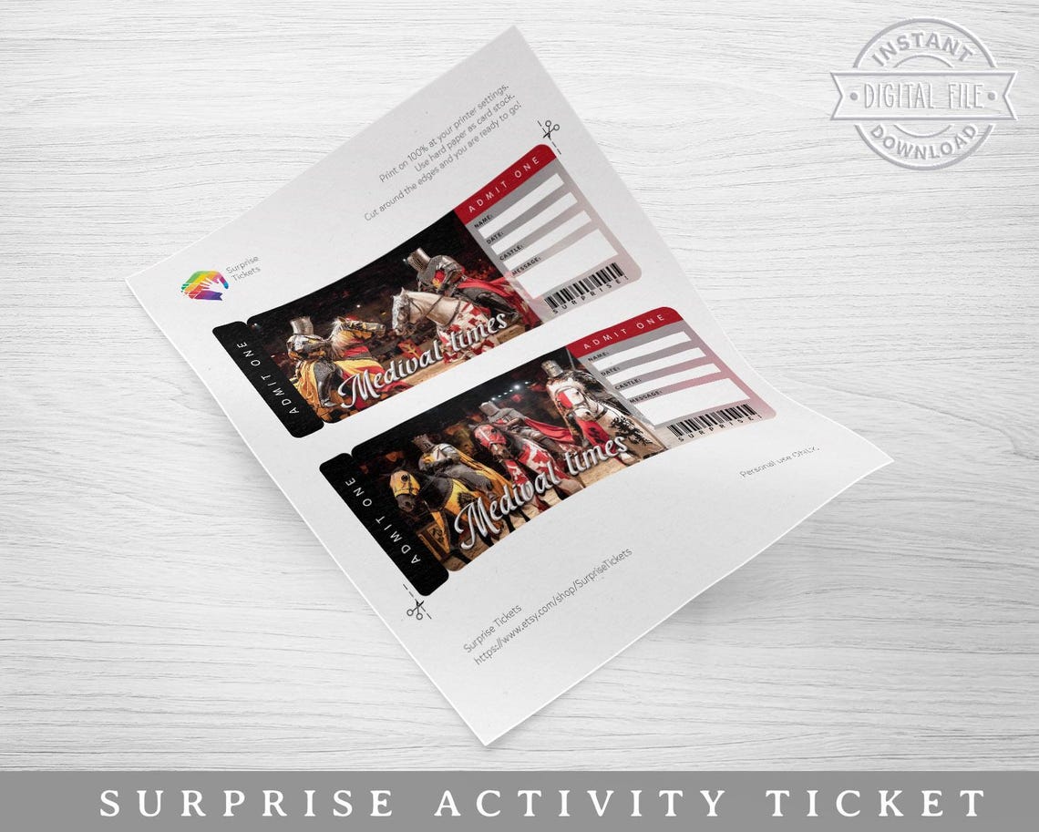 Printable Medieval Times Surprise Ticket, Knights and Castles Gift ...