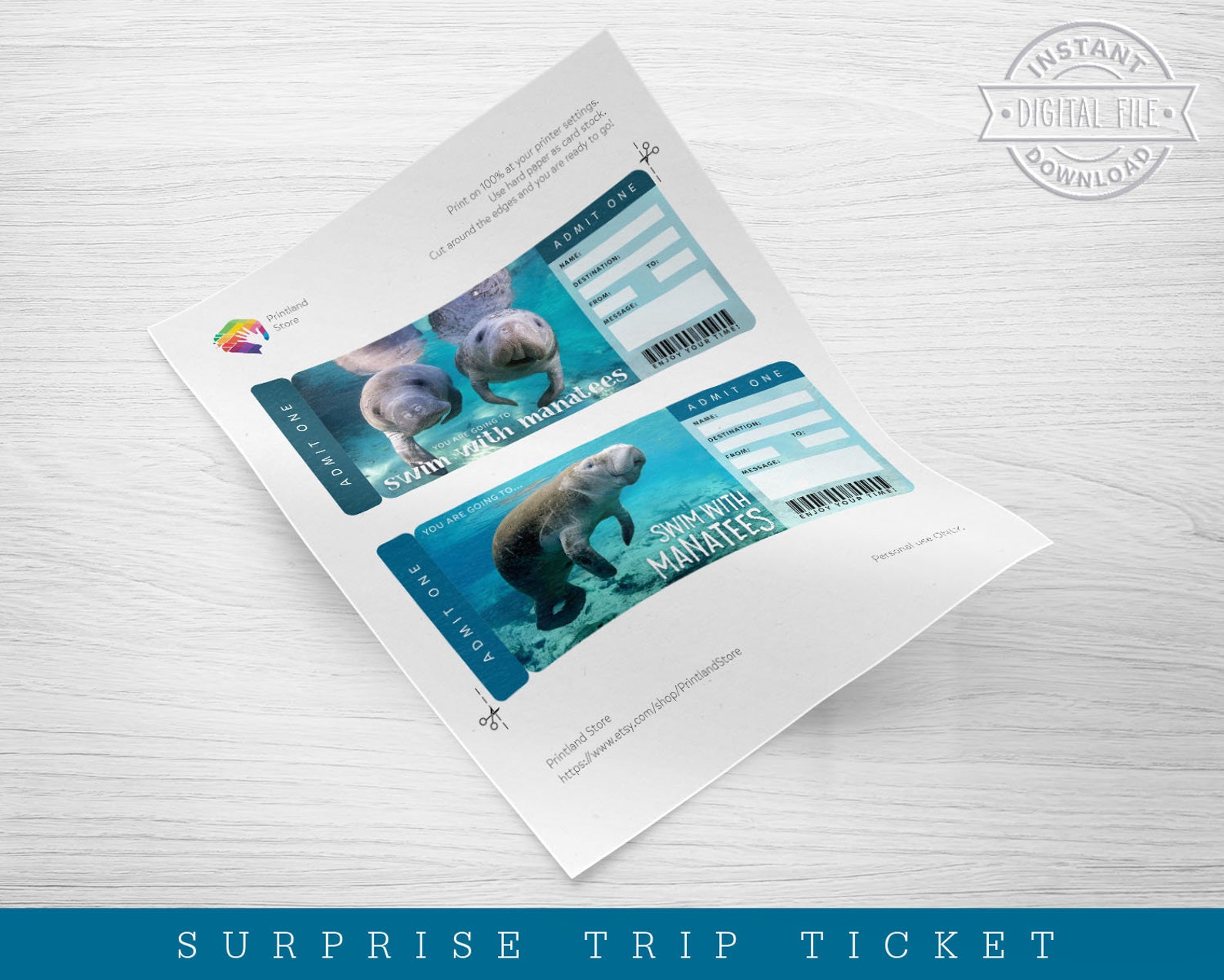 Printable Swim With MANATEES Surprise Ticket︱manatees Encounter Gift ...