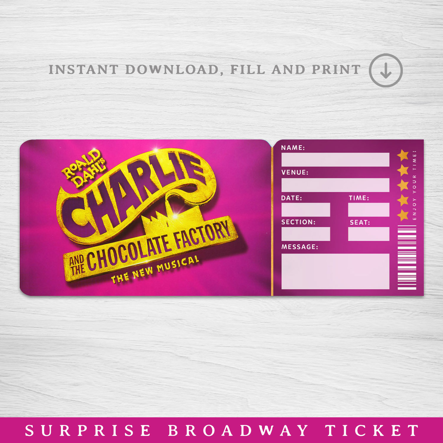 Printable Charlie and the Chocolate Factory Broadway Surprise Ticket ...