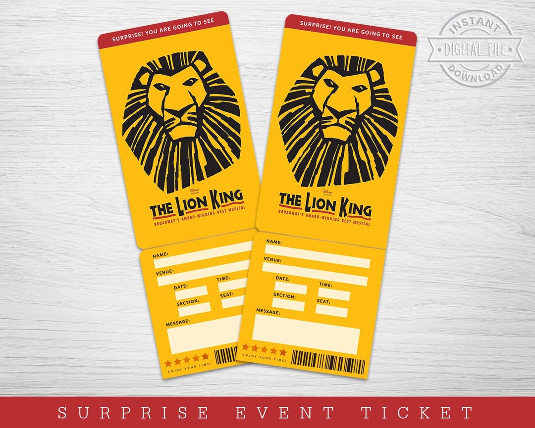 Printable Lion King Broadway Surprise Ticket︱musical Theatre Ticket ...