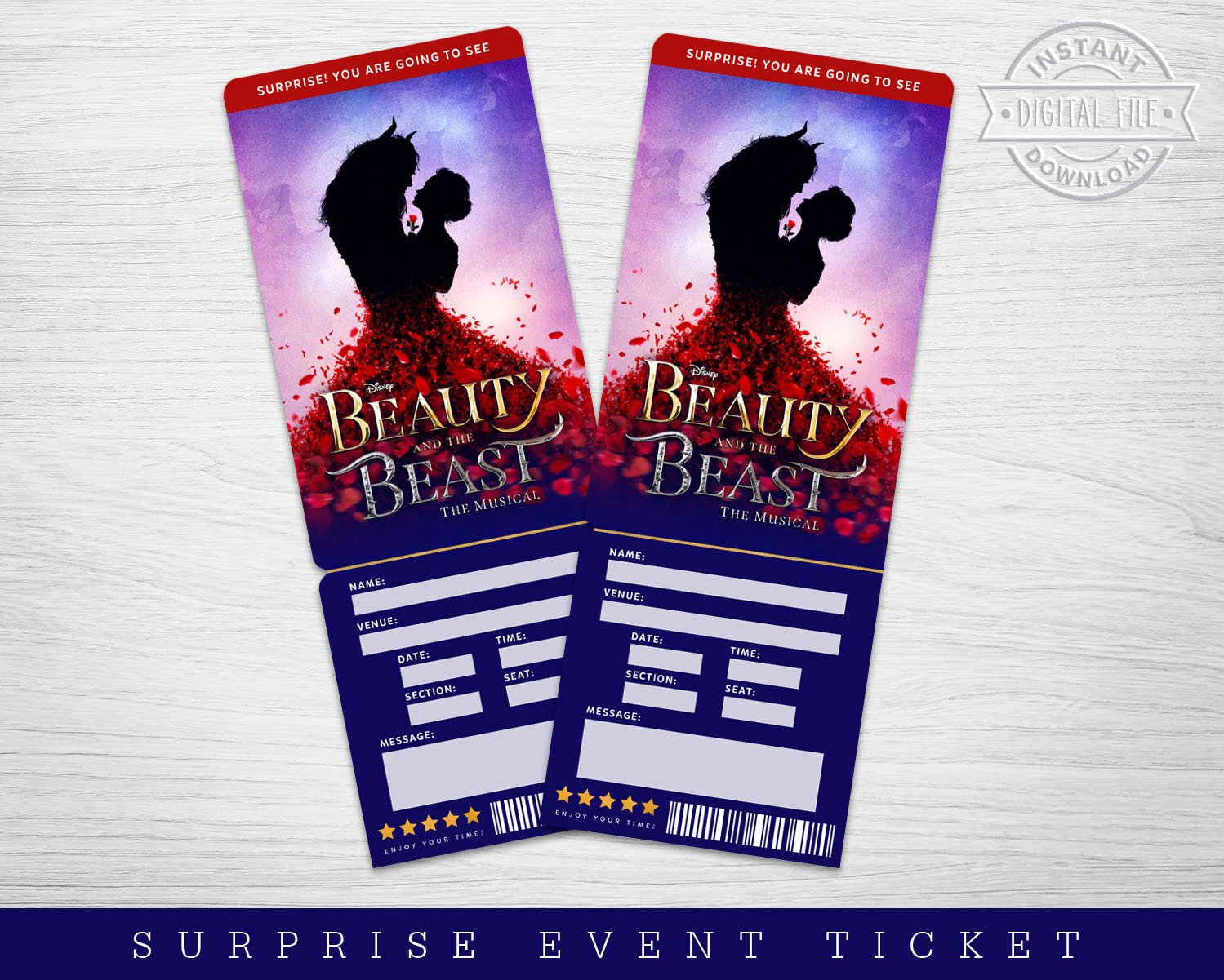 Printable Beauty and Beast Broadway Surprise Ticket, Beauty and Beast ...