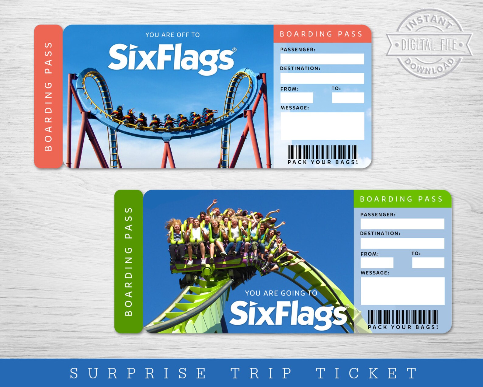 Digital SIX FLAGS Surprise Trip Gift Ticket, Amusement Park Printable ...