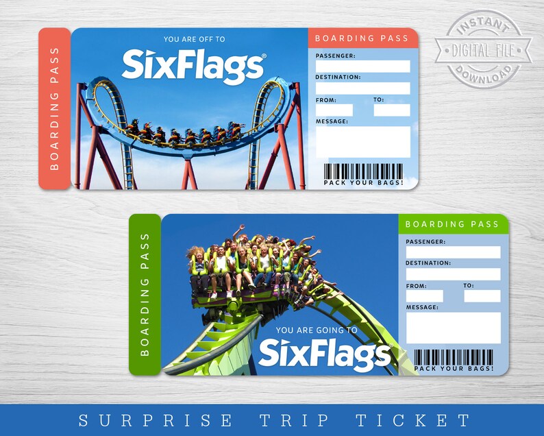 Digital SIX FLAGS Surprise Trip Gift Ticket, Amusement Park Printable ...