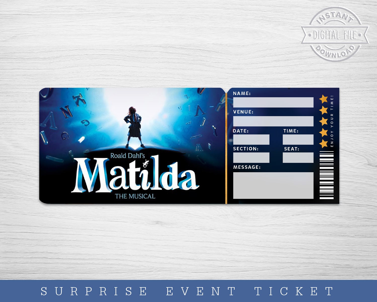 Printable Matilda Broadway Surprise Ticket, Matilda the Musical Collectible Theater Ticket ...