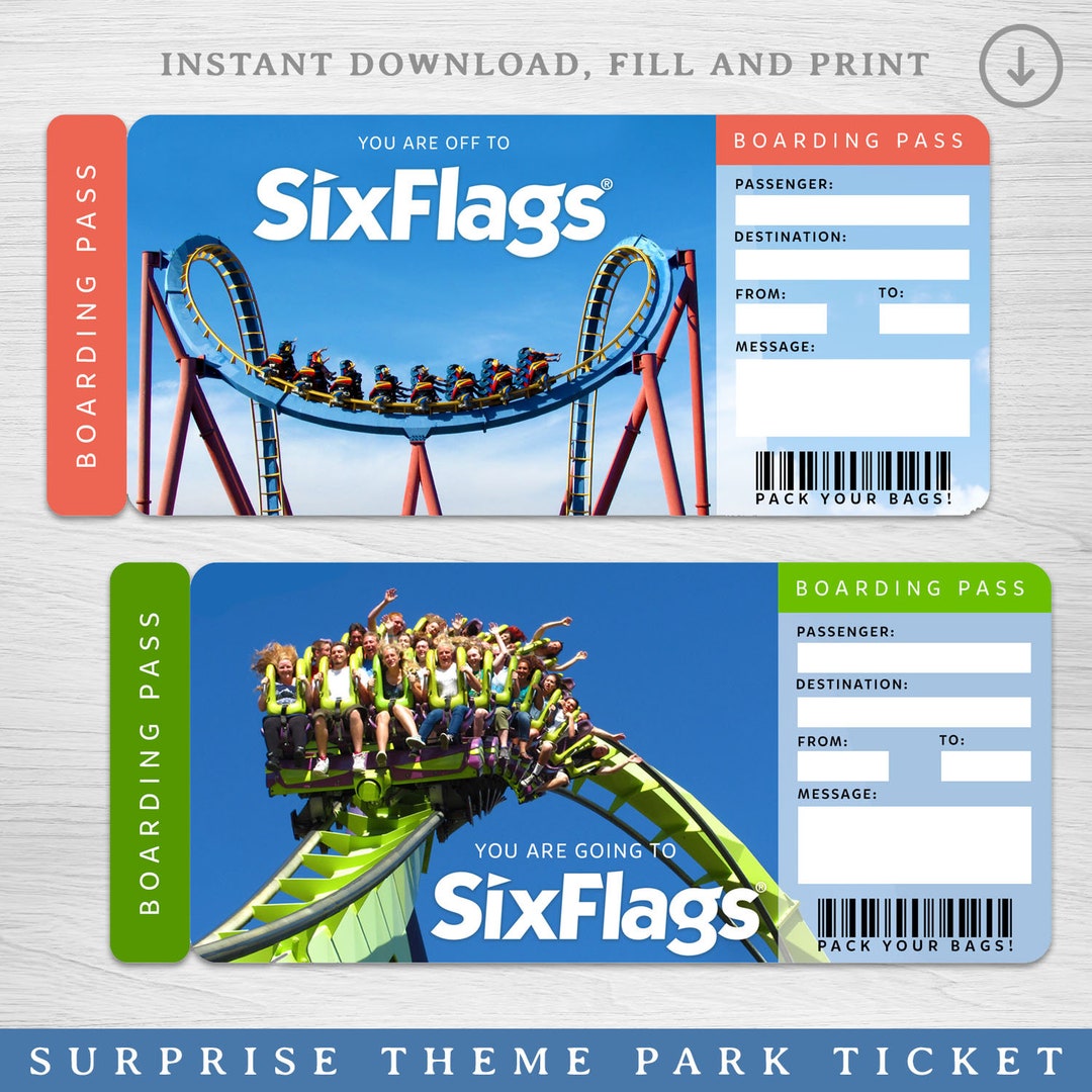 Digital SIX FLAGS Surprise Trip Gift Ticket, Amusement Park Printable ...