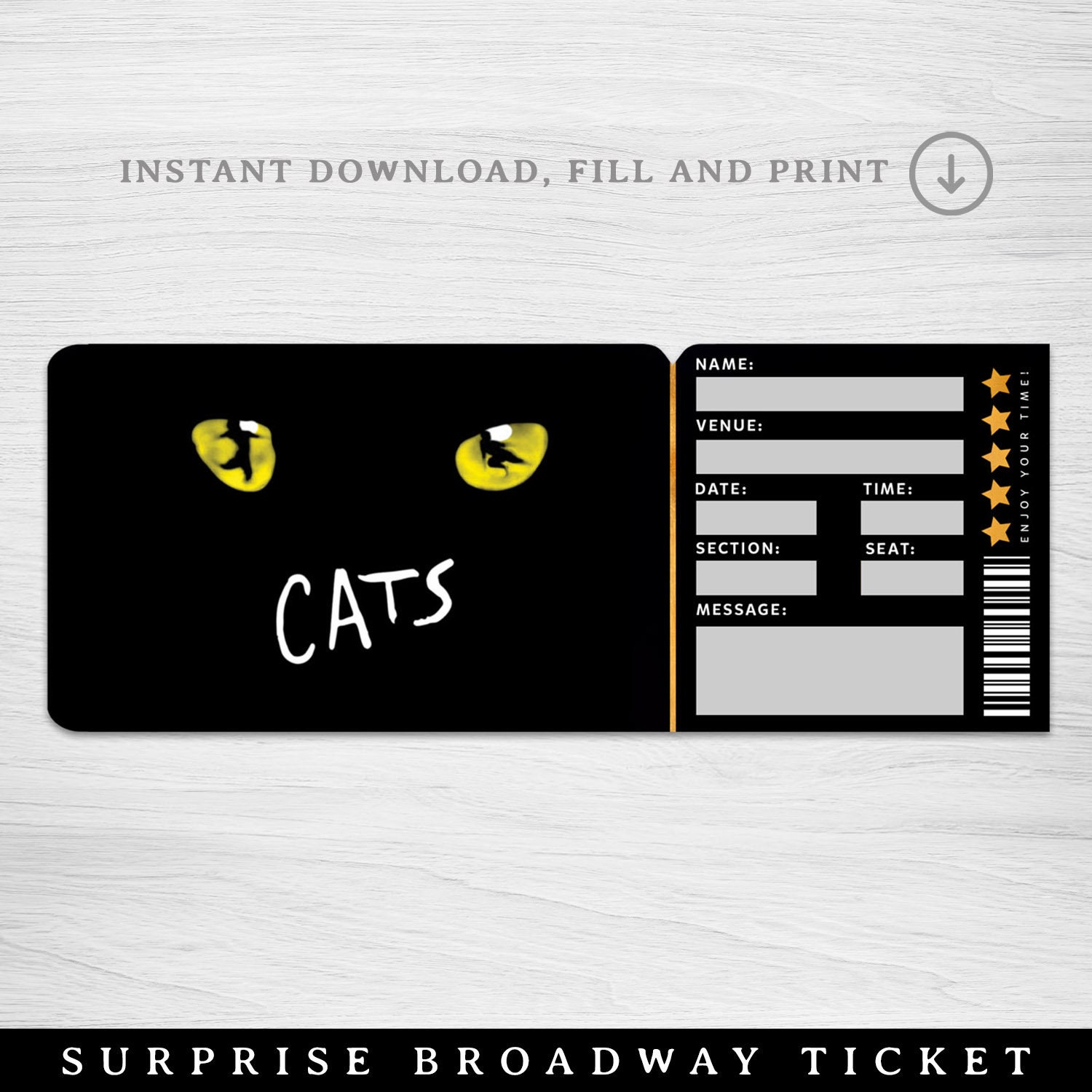 Printable CATS Broadway Surprise Ticket, Cats the Musical Collectible ...