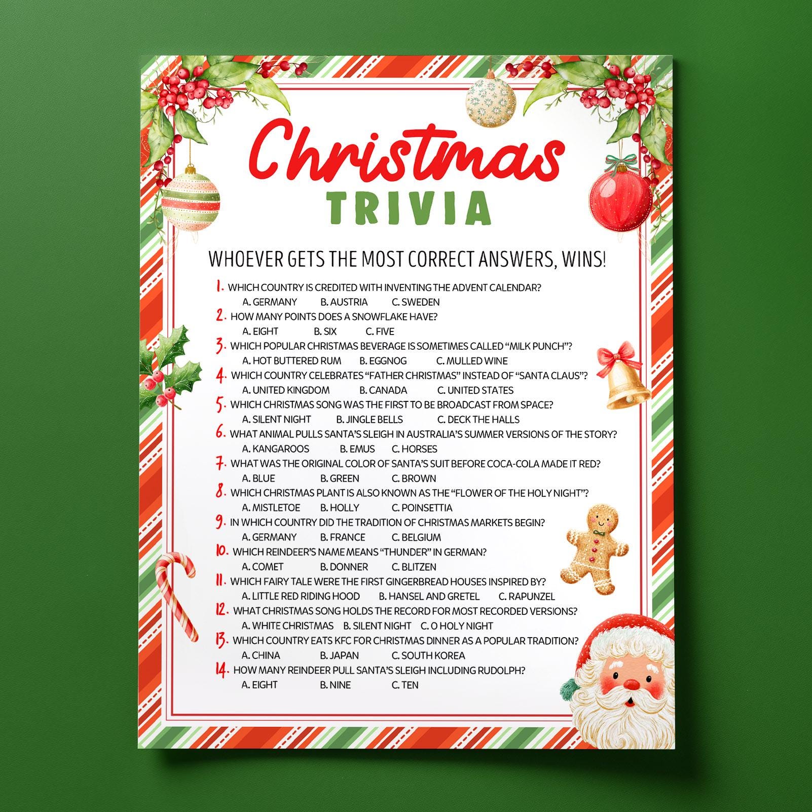 Printable Christmas Trivia Game | Holiday Trivia Game | Xmas Party Game ...