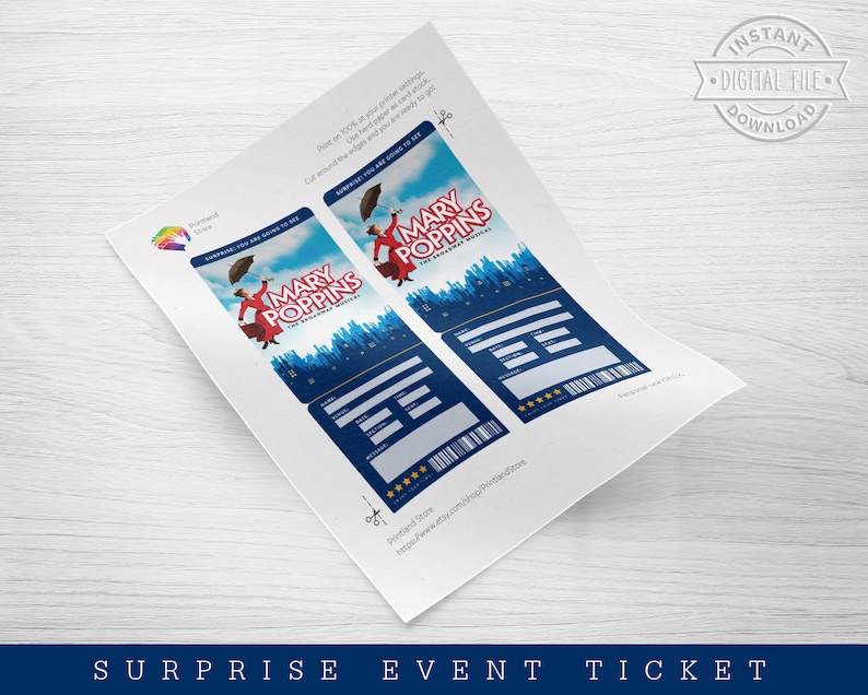 Printable Mary Poppins Broadway Surprise Ticket, Musical Collectible Theater Ticket Editable ...