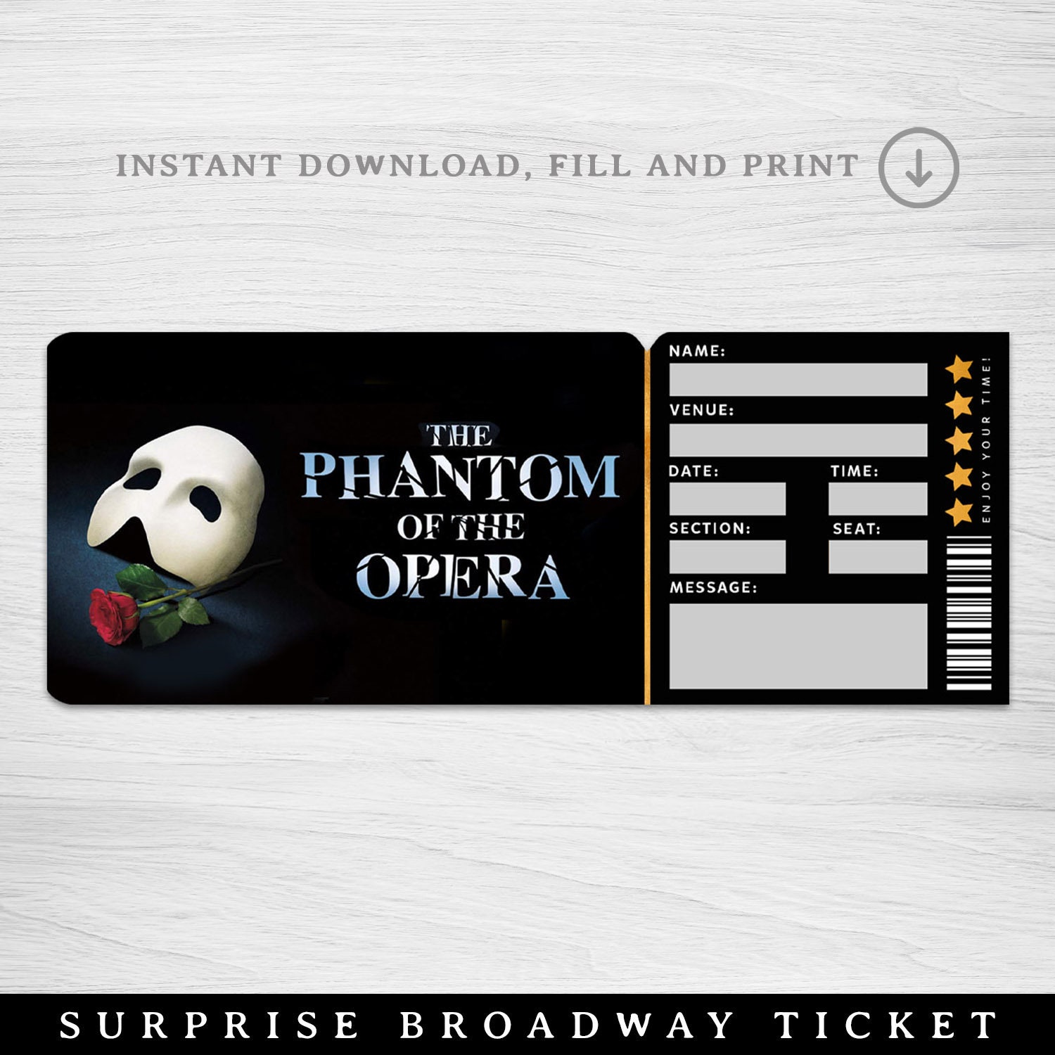 Printable Phantom of the Opera Broadway Surprise Ticket, Musical Collectible Theater Ticket ...