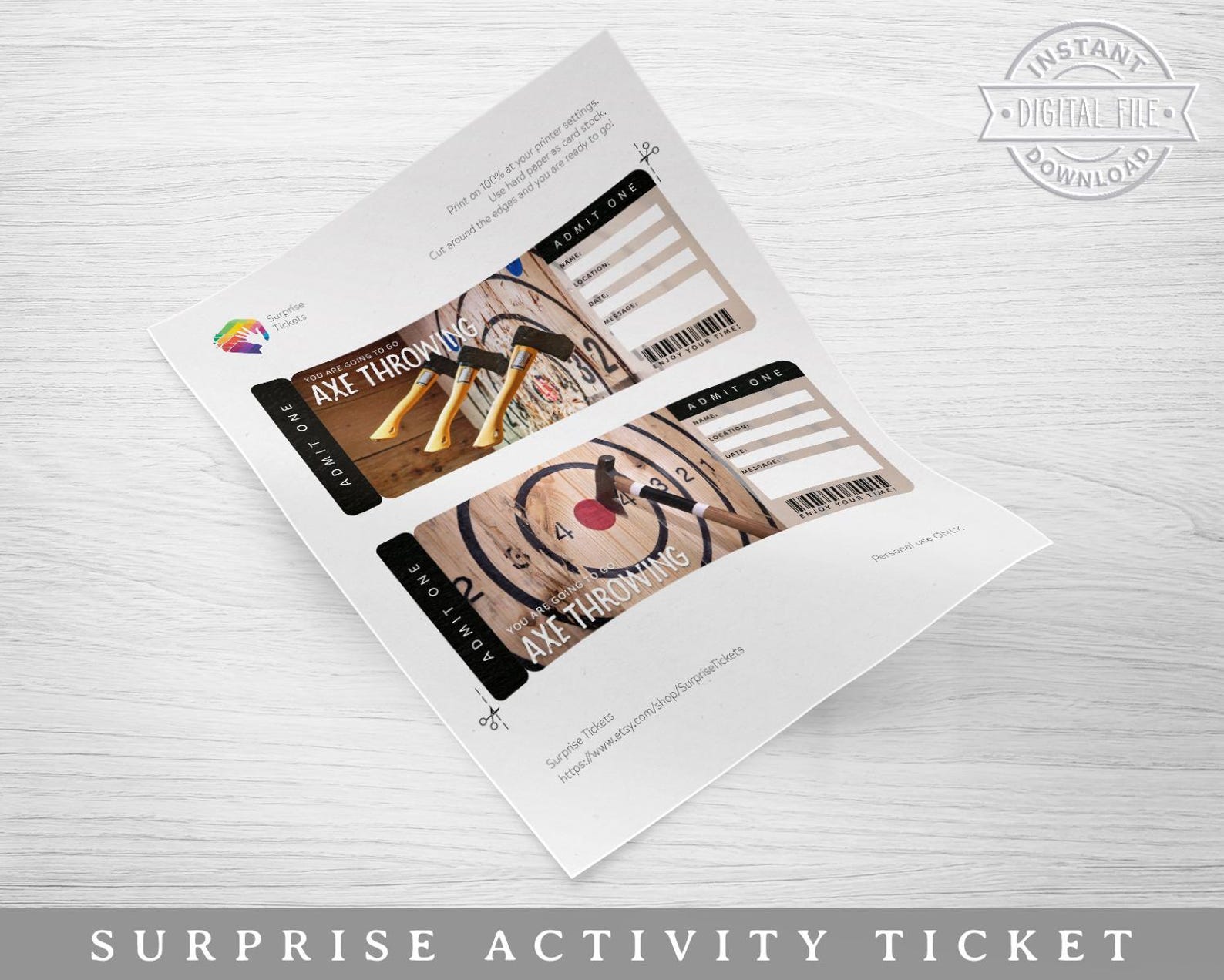 Printable AXE THROWING Surprise Gift Ticket, Axe Throwing Surprise ...