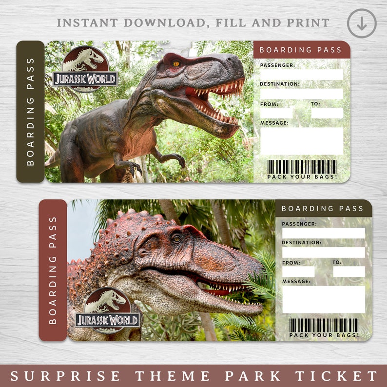 Digital JURASSIC WORLD Surprise Universal Studios Trip Tickets Editable ...