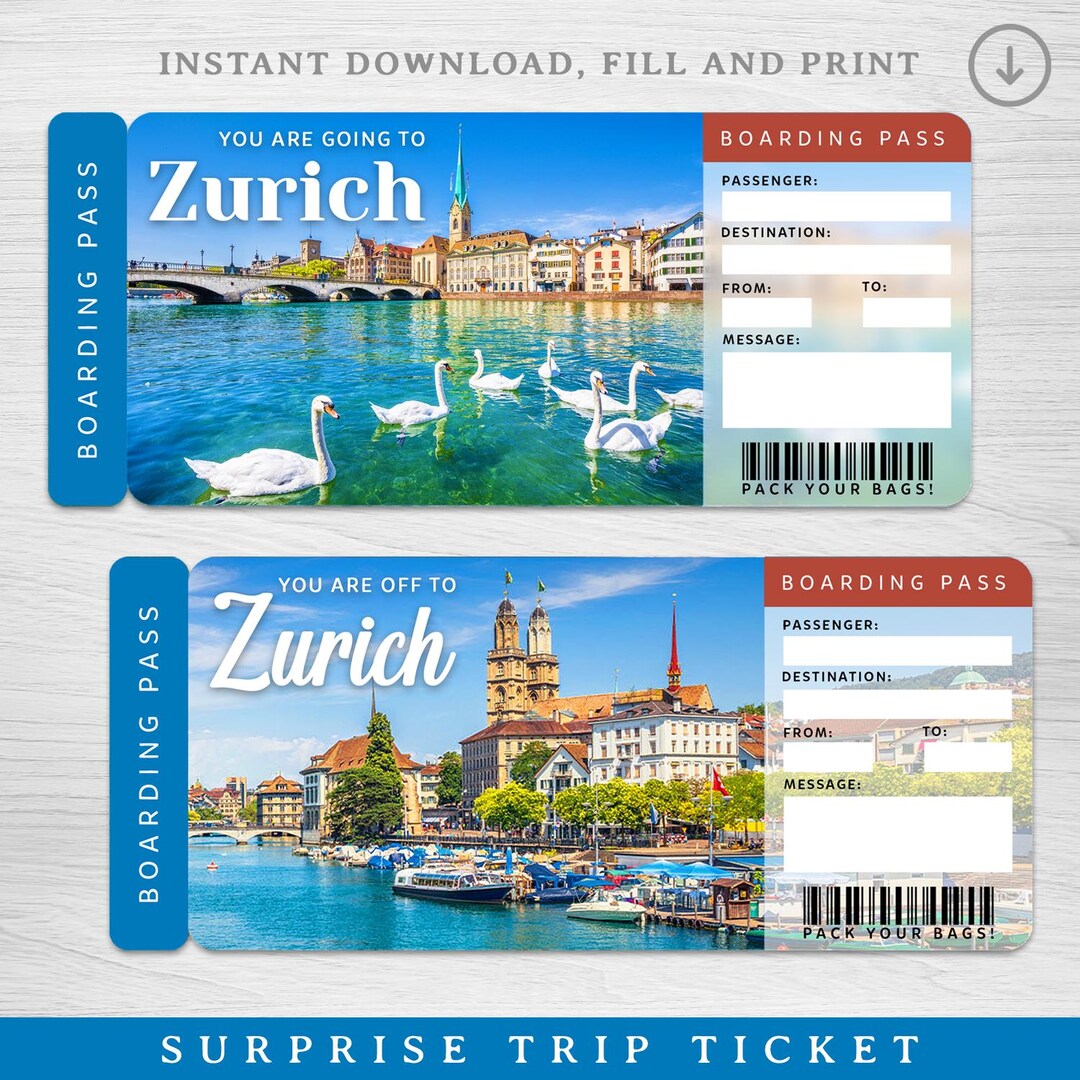 Digital ZURICH Surprise Trip Ticket, Switzerland Printable Boarding ...